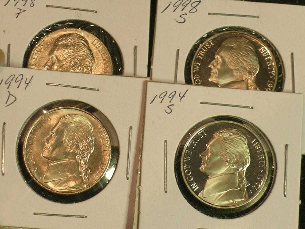 1993 Pd, 1994 Ds, 1998 Ps BU and Proofjefferson Nickels - Luster - 6 ...