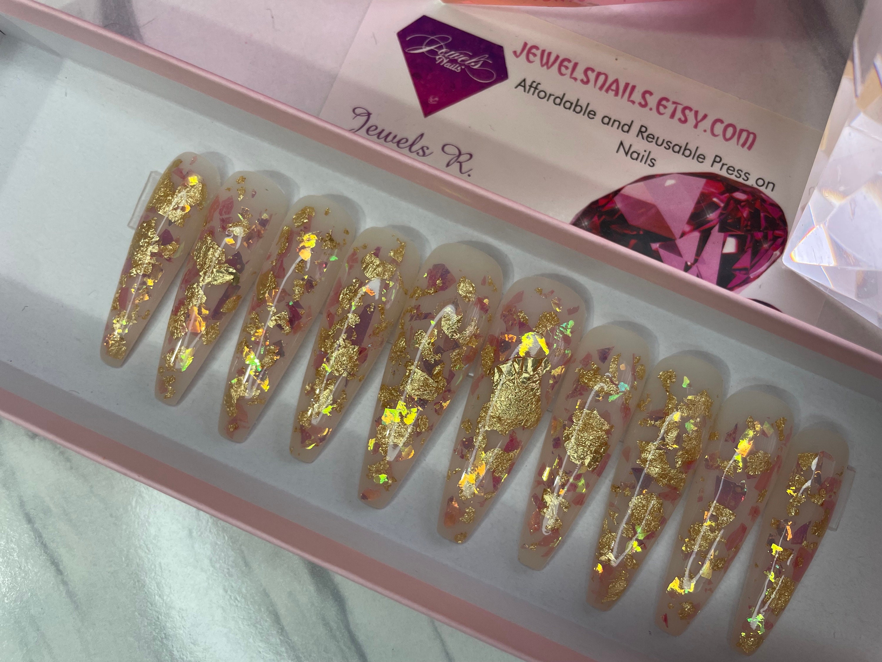 Mylar & Gold Foil | Gel Overlay | Glass Nails | Reusable | Press on ...