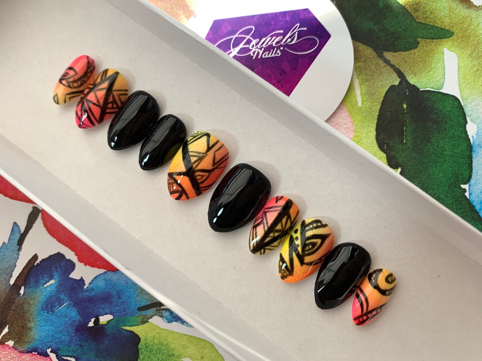 Sunset Freestyle Hand Painted gel Nails Jewels Nails - Etsy