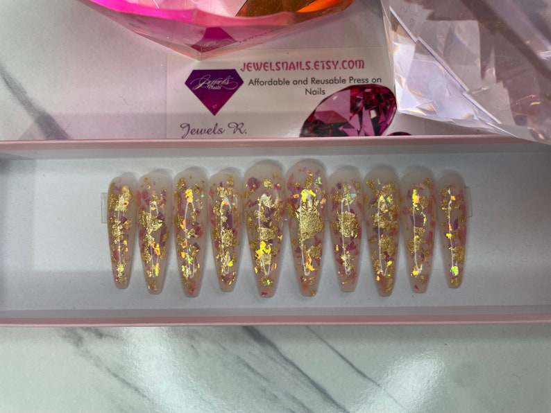 Mylar & Gold Foil | Gel Overlay | Glass Nails | Reusable | Press on ...