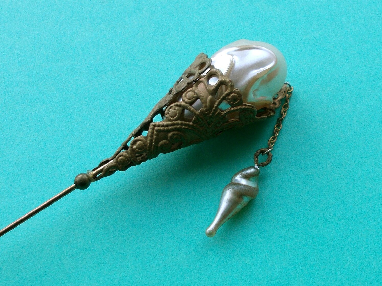 Hatpin Hat Pin Handmade Vintage Faux Pearl Bead And Filigree Finding 6
