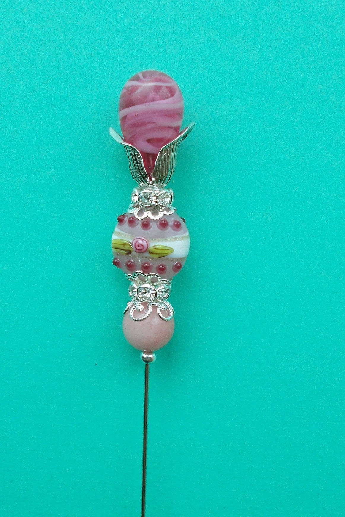 Vintage Pink Decorative Glass Bead /Silver Colour Finding 7.5 inch ...