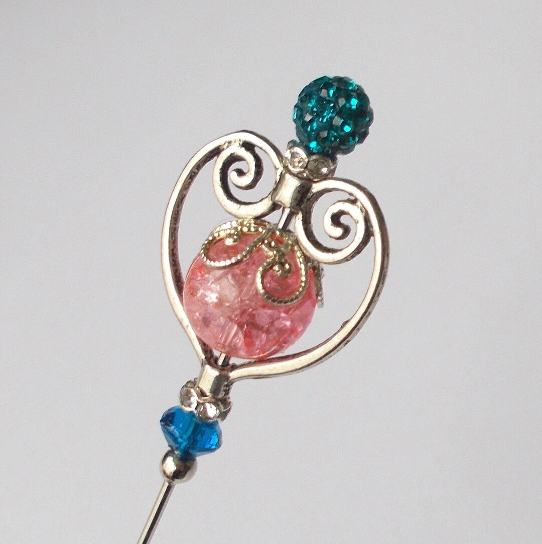 Hatpin - Silver Colour Heart / Blue and Peack Glass Bead Mix 5.25 Inch Handmade 1mm Steel Hatpin ...
