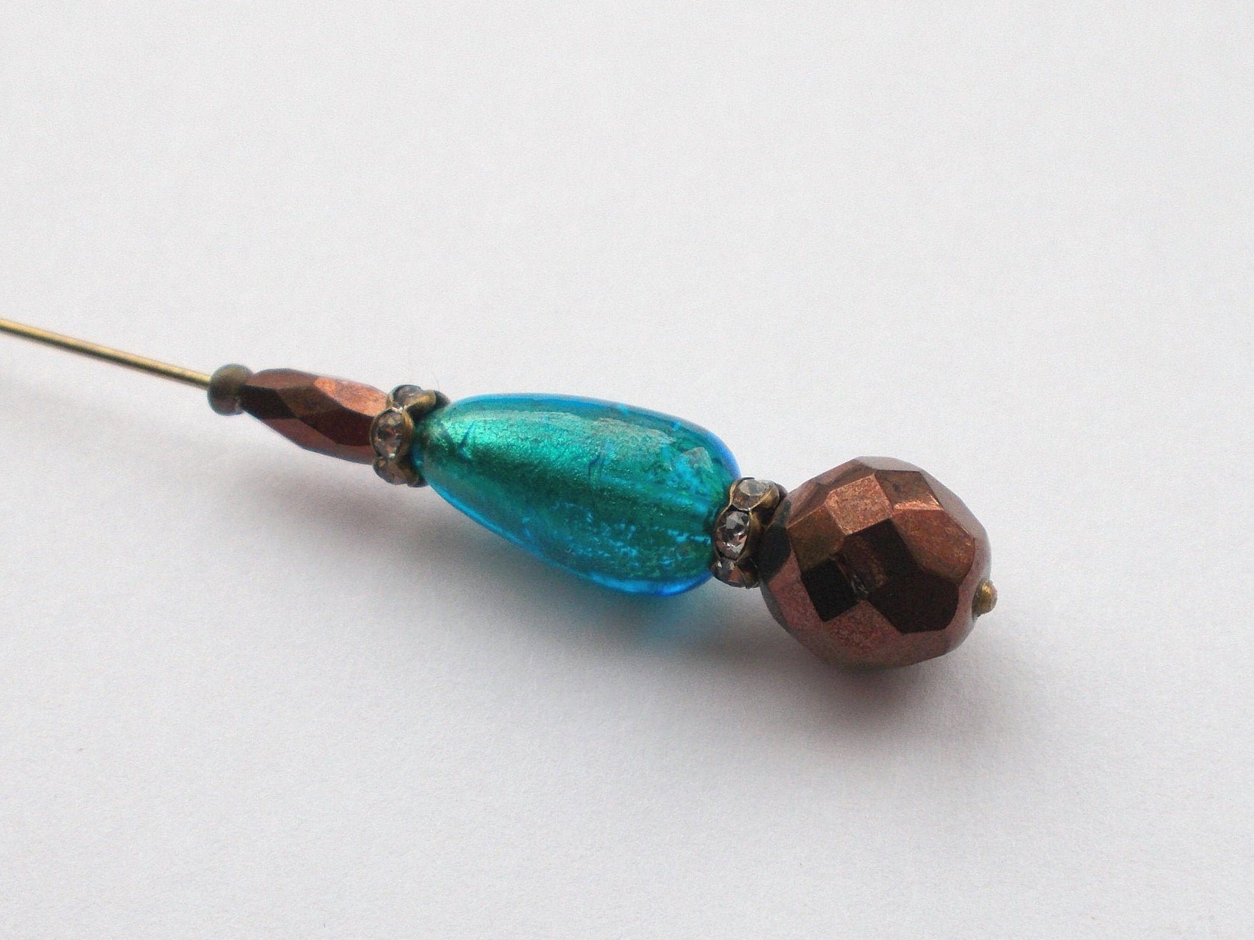 Venetian Teal and Bronze Glass Bead 6 inch Handmade Hatpin / Hat Pin