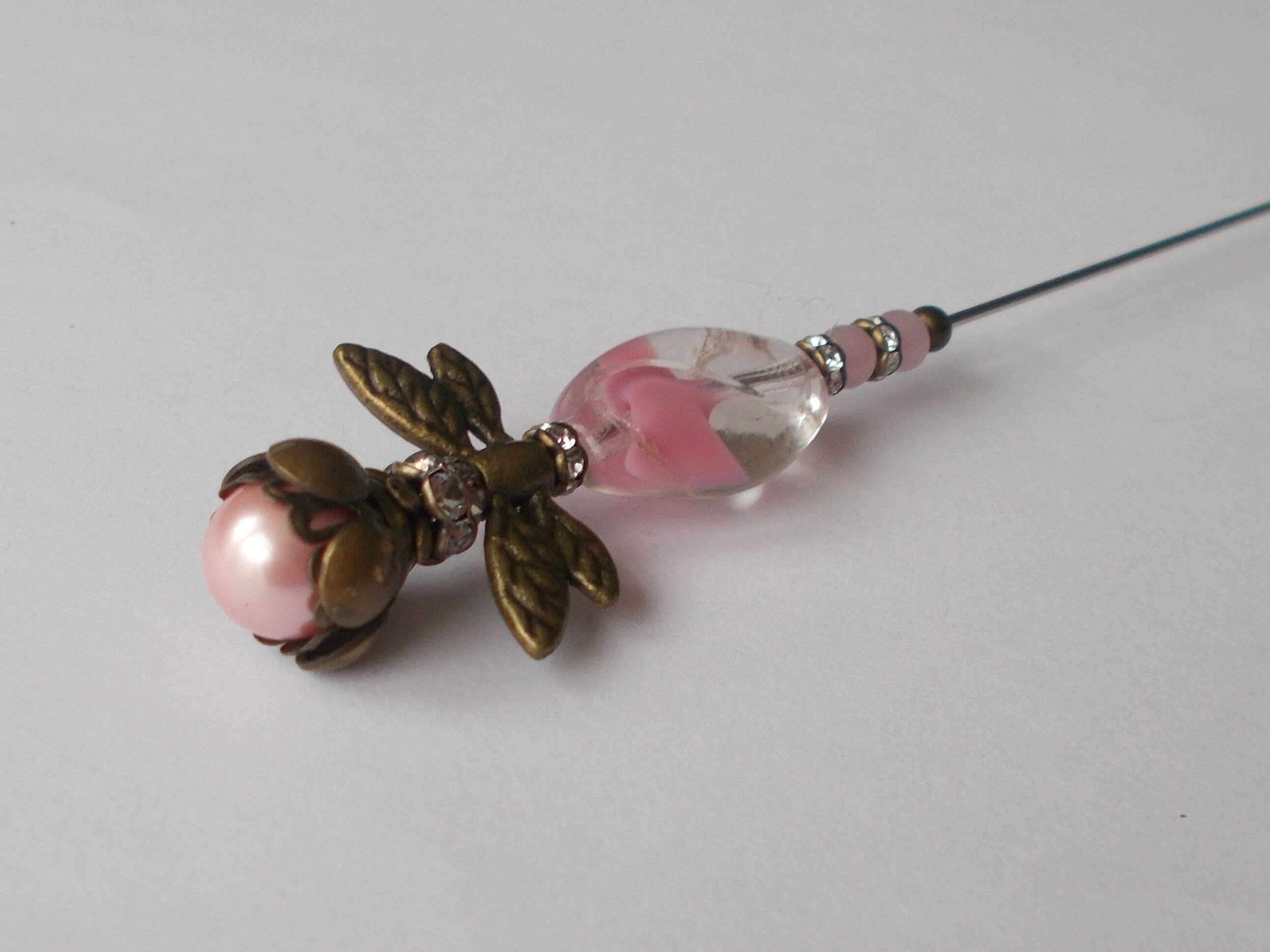 Pink Glass Bead And Faux Pearl Mix 6 25 Inch Dragonfly Handmade Hatpin