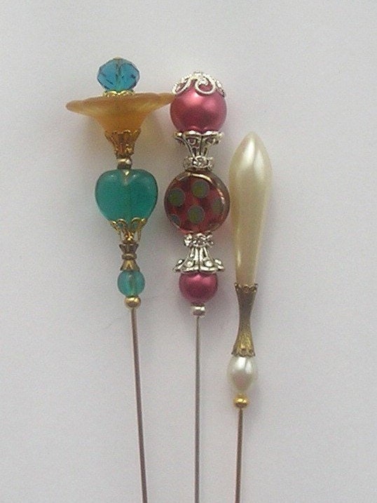 Three Lovely Glass Bead Faux Pearl Lucite 6 Inch Handmade Hatpins