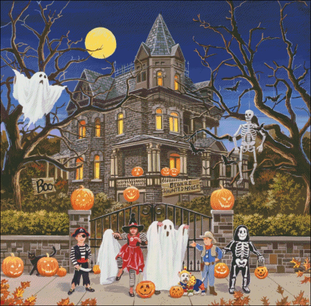 Beware Haunted Halloween Digital PDF Counted Cross Stitch Pattern - Etsy