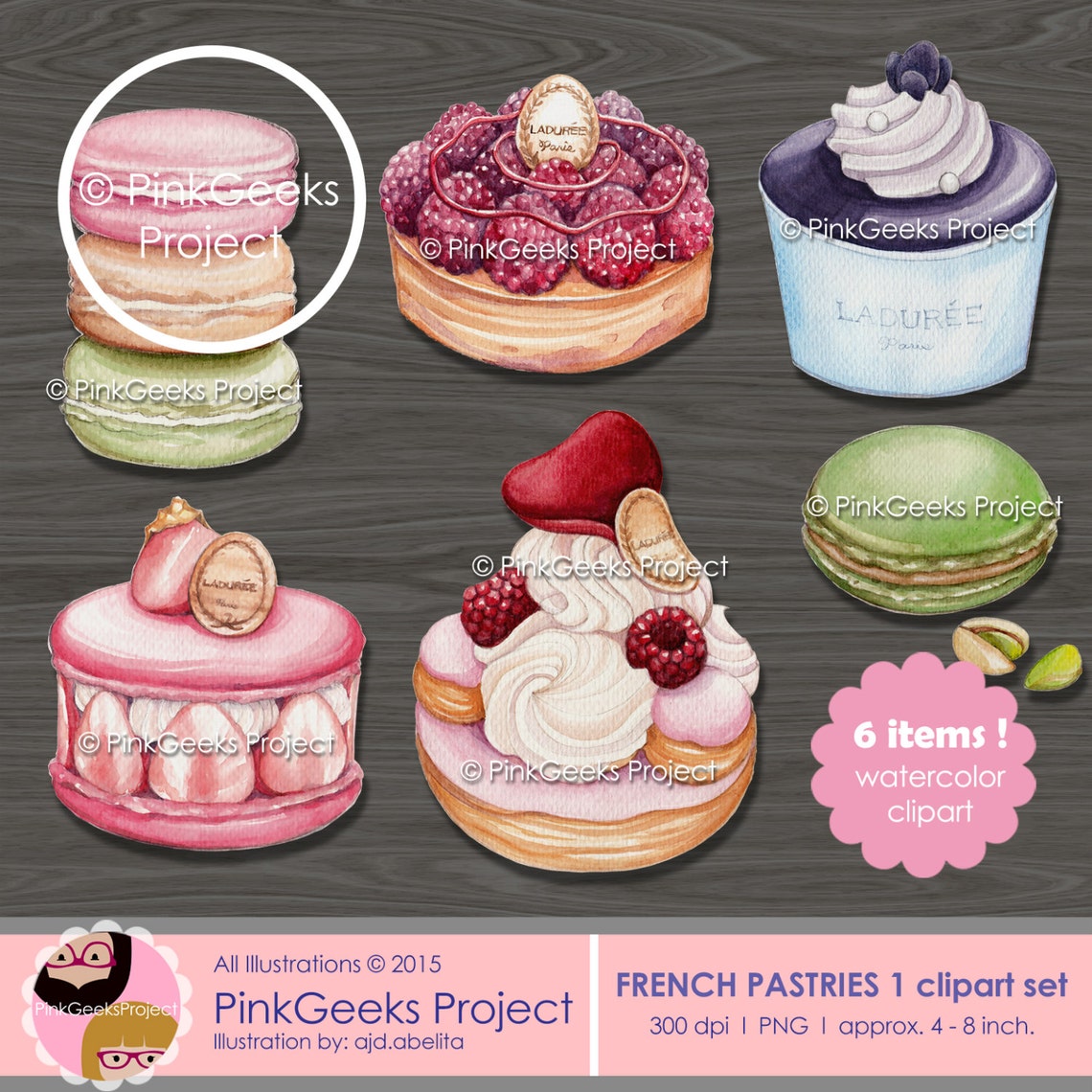 French Pastry Set 1, Watercolor Clipart. Illustration, Printable ...