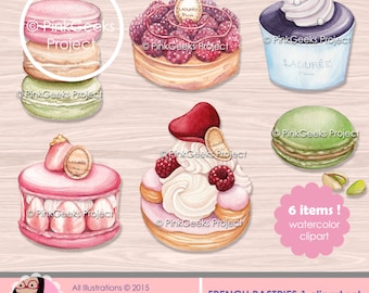 French Pastries Watercolor Clipart Set: Laduree Desserts (PNG, Instant ...