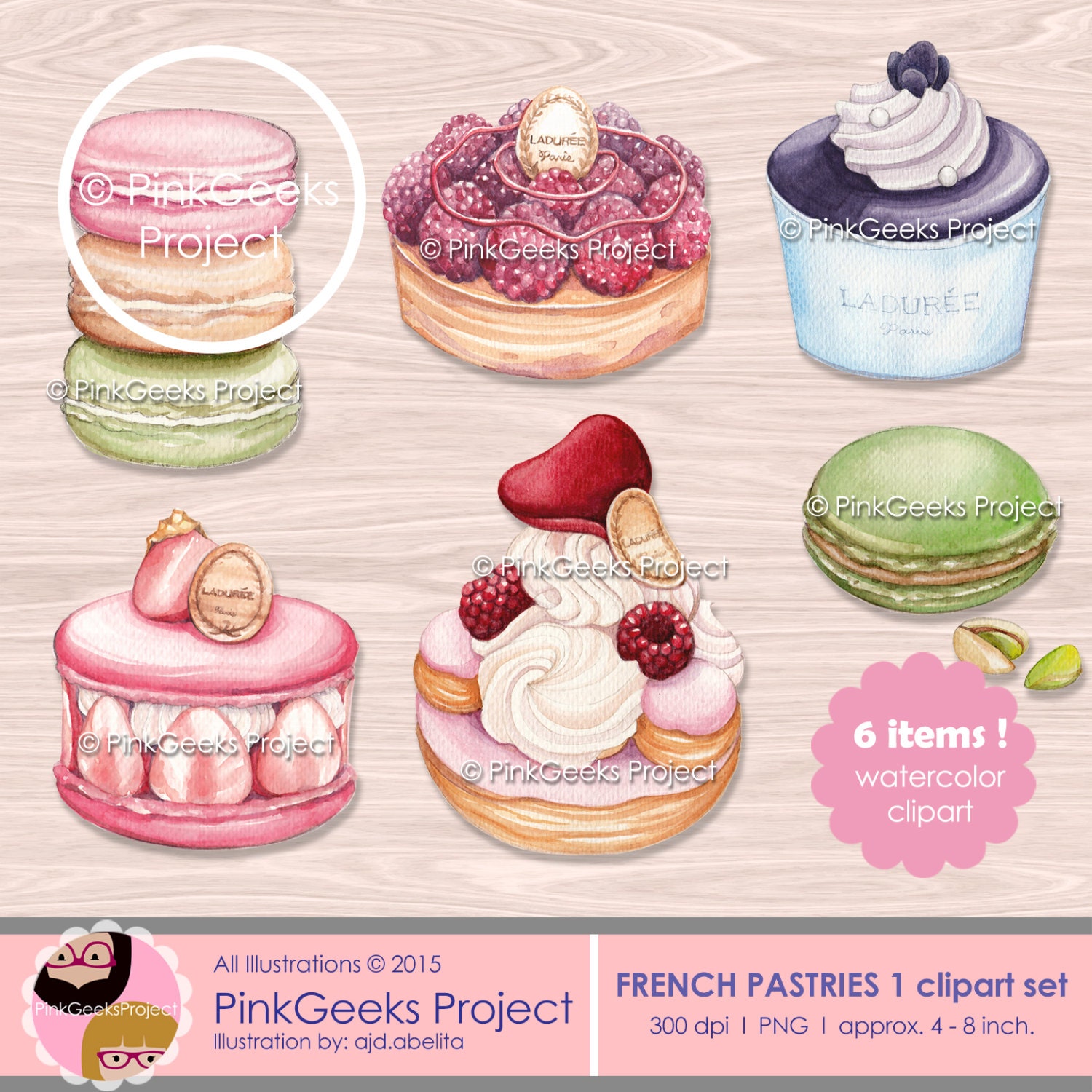 French Pastry Set 1, Watercolor Clipart. Illustration, Printable ...