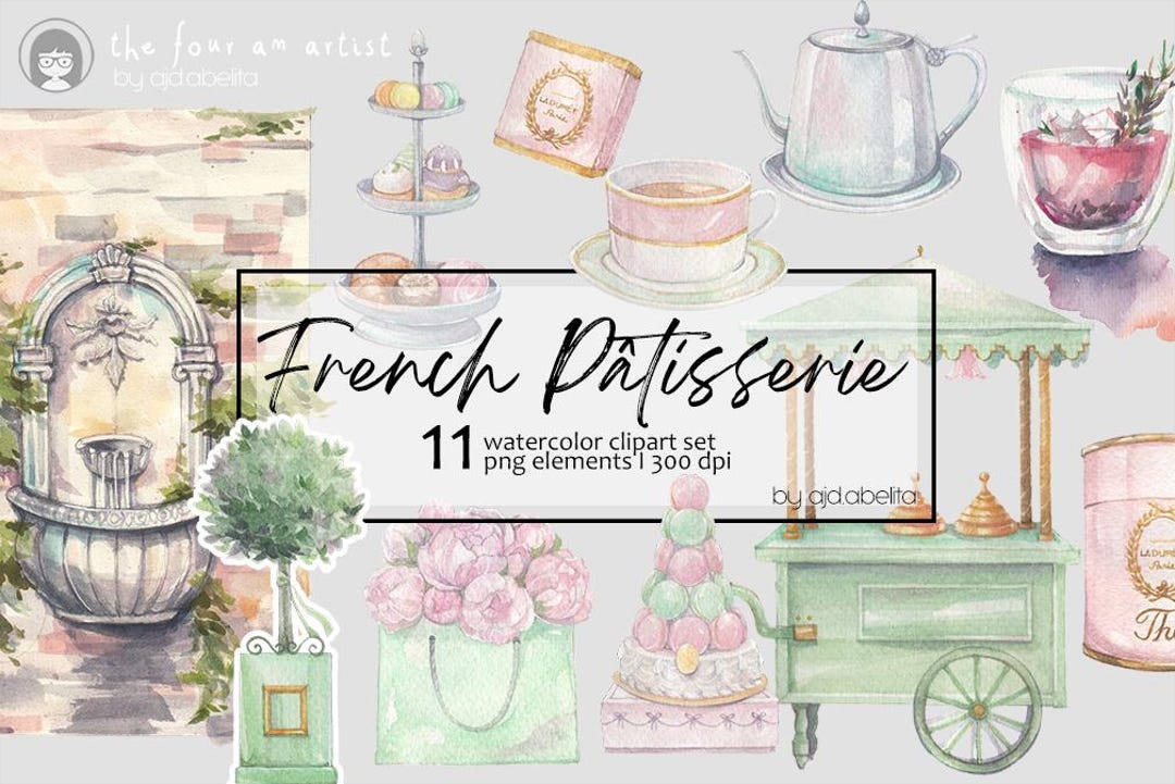 French Patisserie Watercolor Clipart: Cafe Desserts, Bakery PNG ...