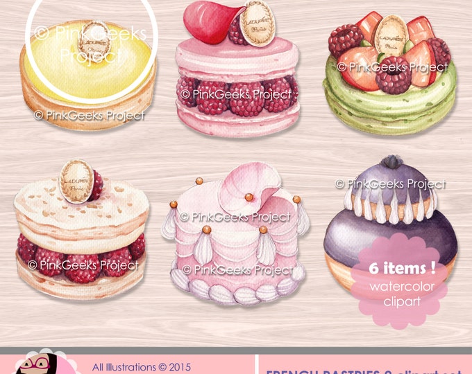 French Pastries Watercolor Clipart Set: Laduree Desserts (PNG, Instant ...