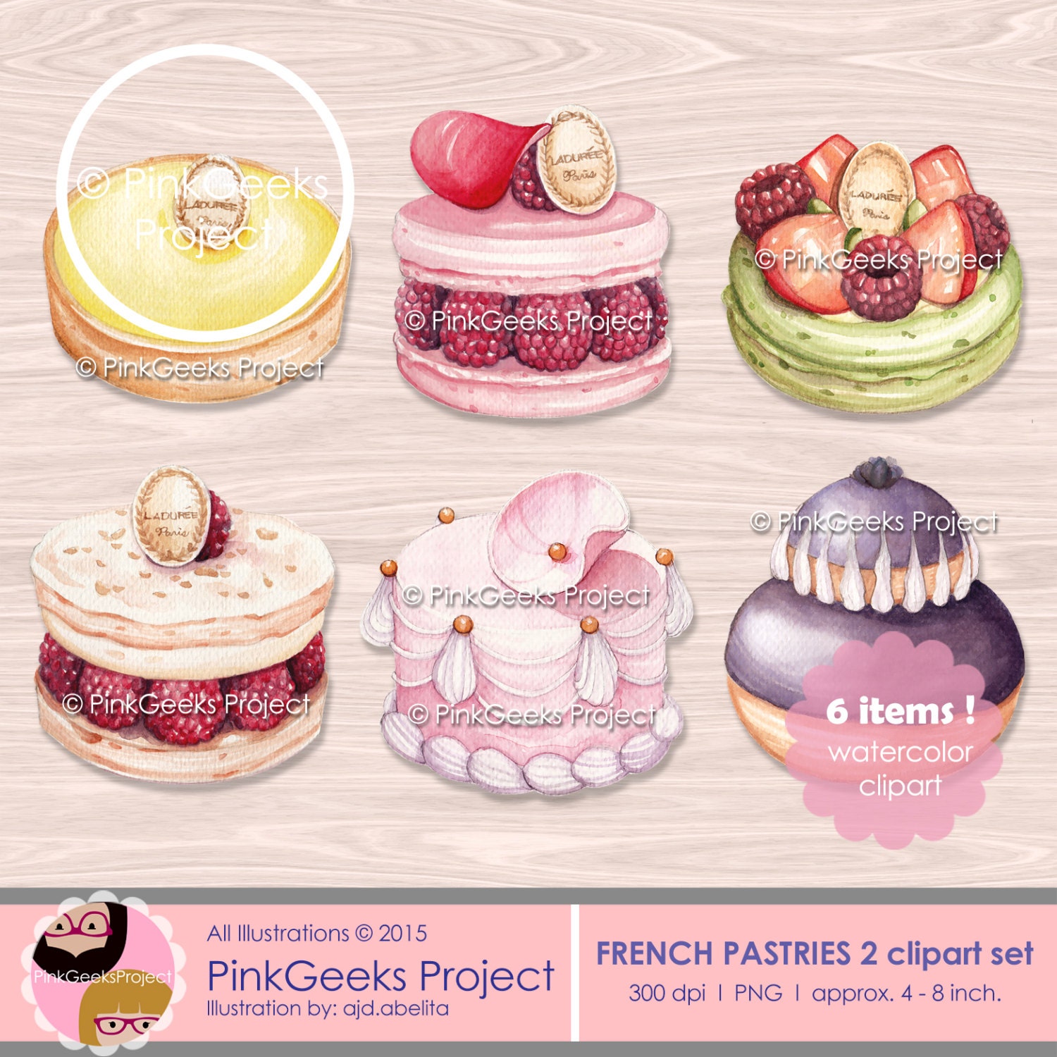 French Pastries Watercolor Clipart Set: Laduree Desserts (PNG, Instant ...