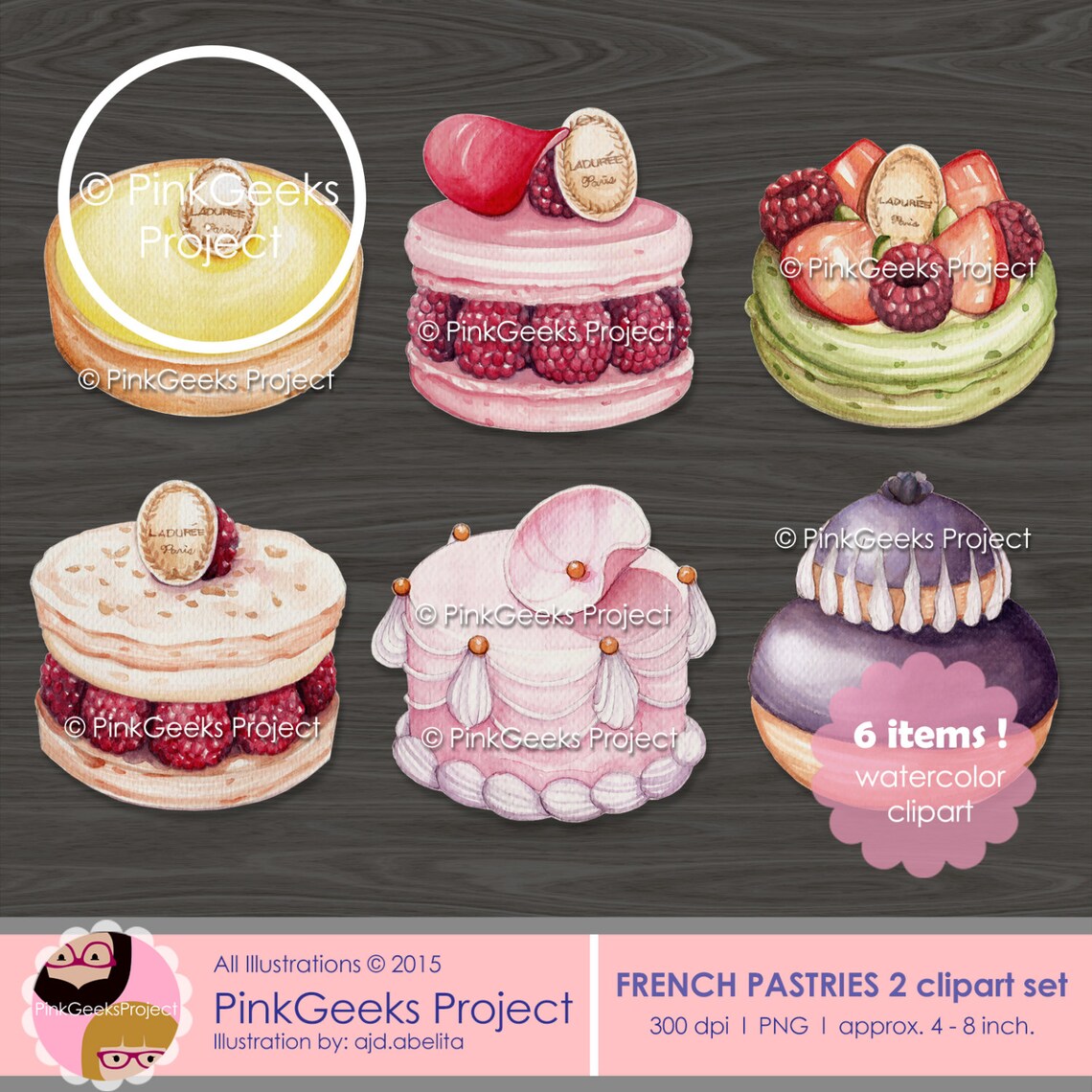 French Pastries Watercolor Clipart Set: Laduree Desserts (PNG, Instant ...