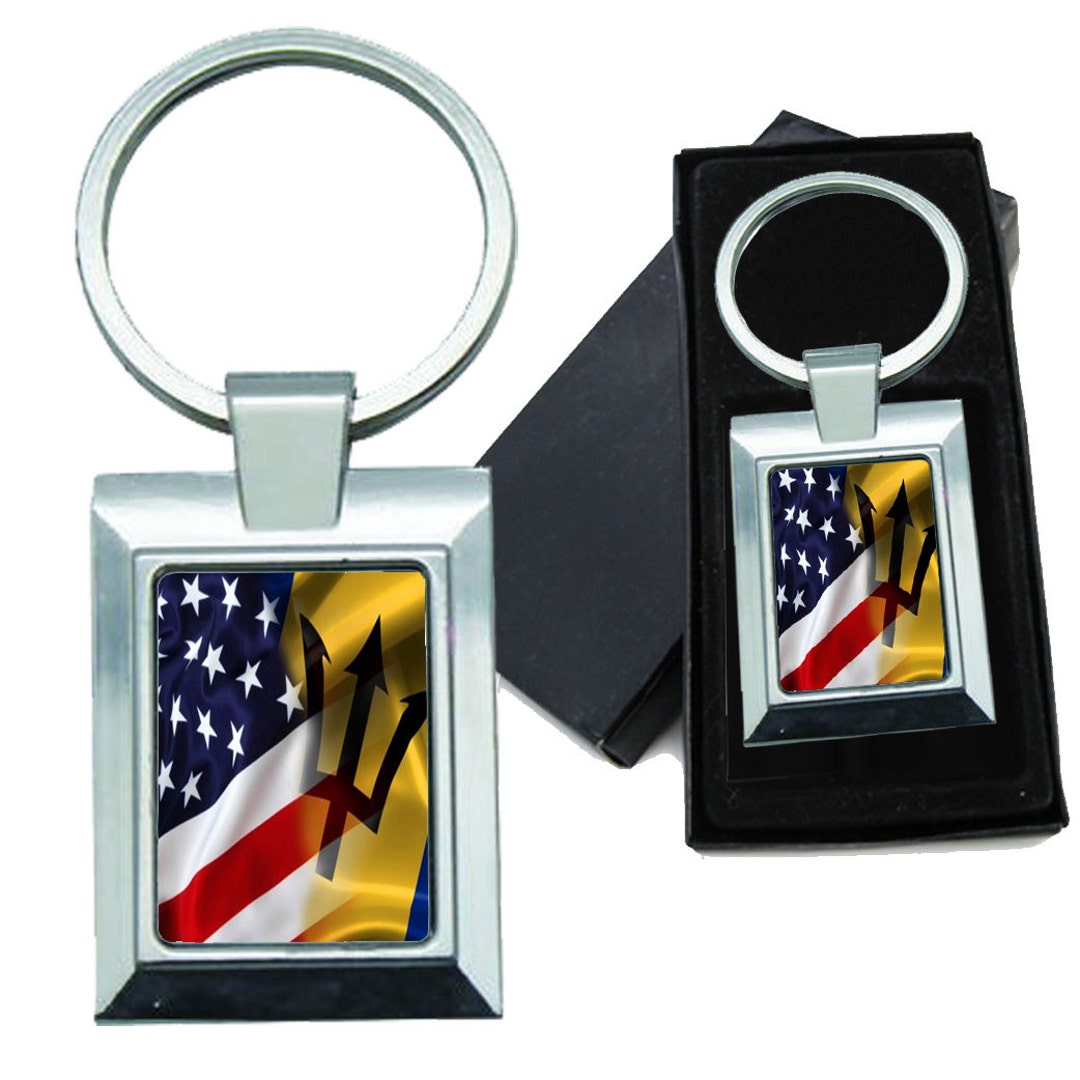 Keychain Mixed USA and Barbados Flag Rectangle Metal - Etsy