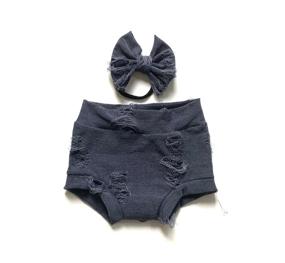 Blue Denim Distressed Bummie and Large Bow Headband - Etsy