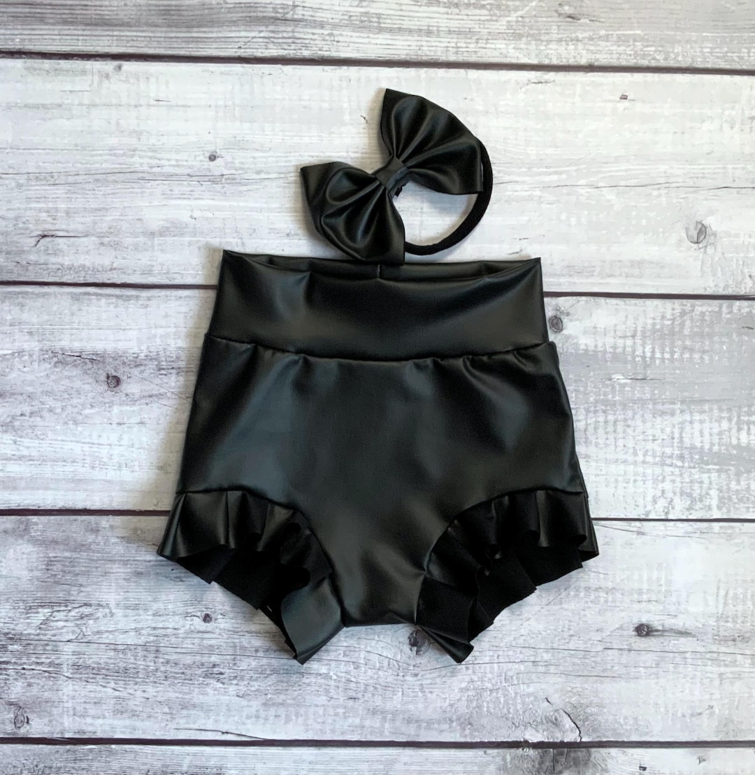Black Fauk Leather Bummies Ruffled Leg Toddler Diaper Cover Girls ...