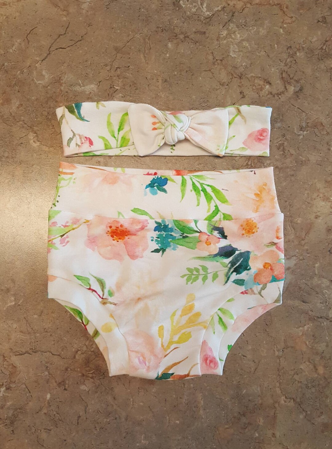 Peach Watercolor Floral Print Jersey Knit Bummies and Top Knot Bow Headband Toddler Diaper Cover ...