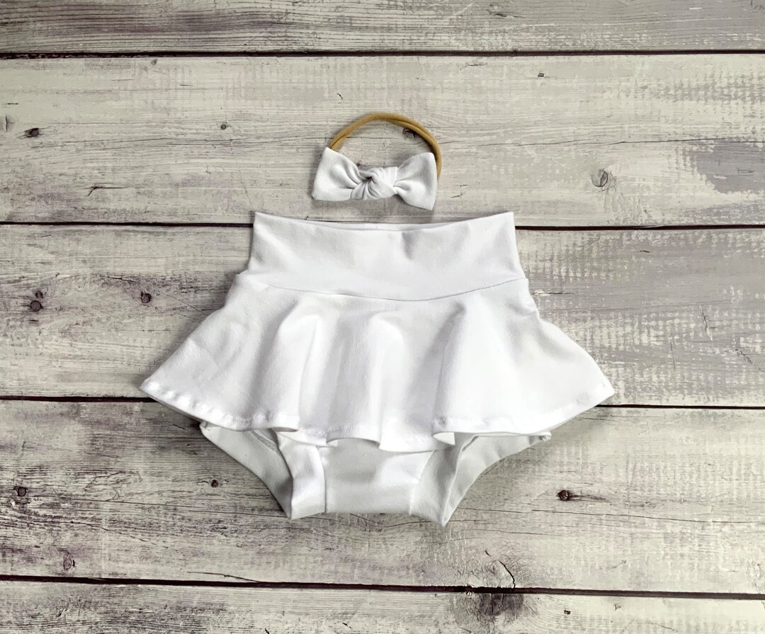 White Cotton Spandex Jersey Knit Skirted Bummies Toddler Diaper Cover Girls Bloomers Matching ...