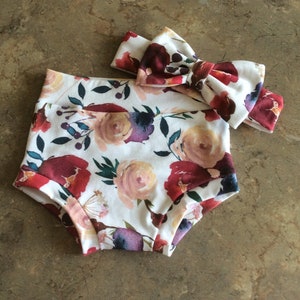 White Burgundy Blush Floral Print Jersey Knit Bummies With Matching Bow Headband. - Etsy