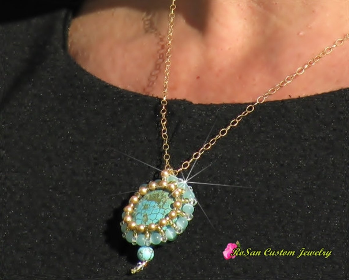Turquoise & Swarovski Crystal Bezeled Cabochon Necklace - Etsy