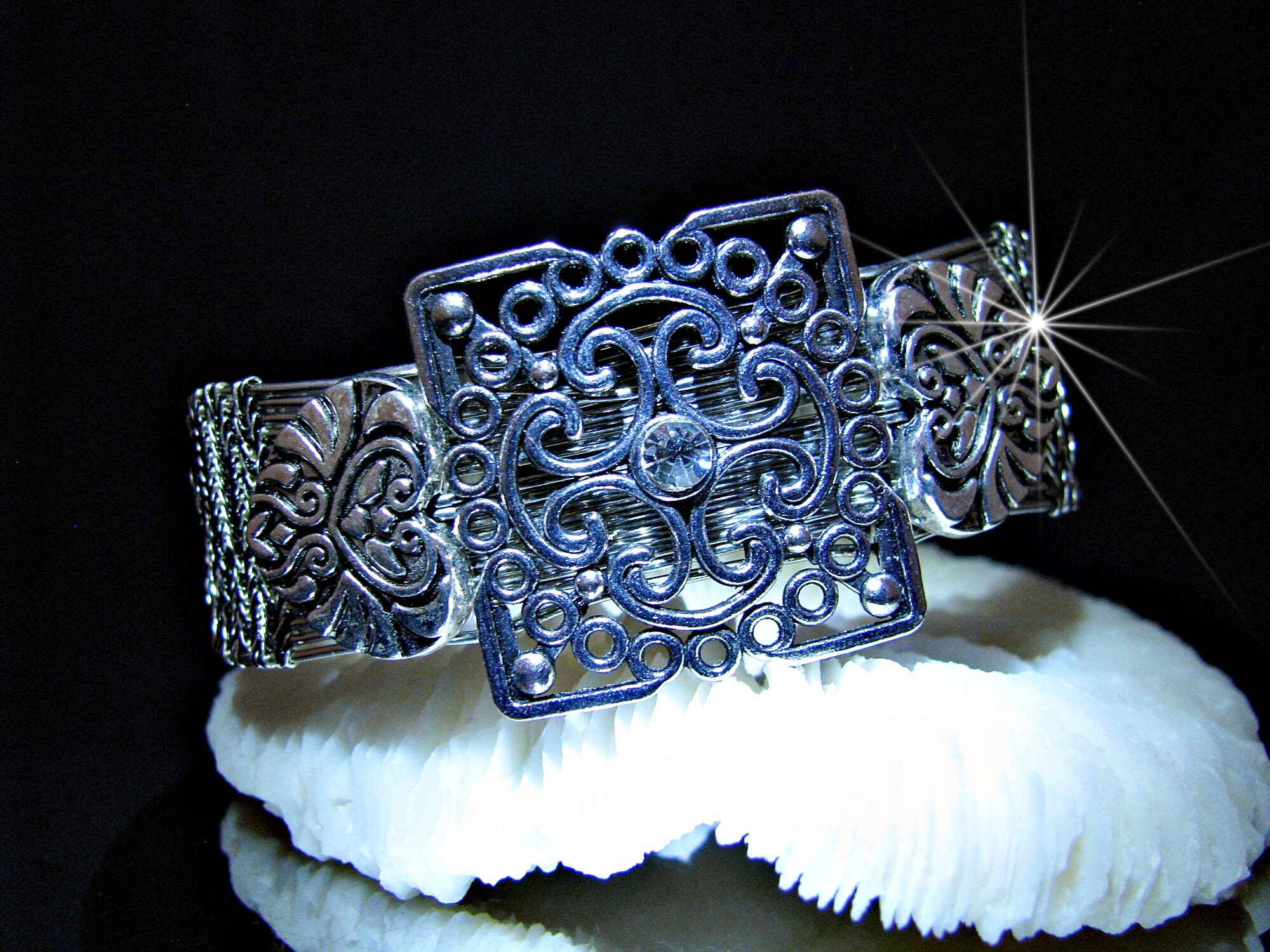 Corona Collection Black and Silver Center Focal Wire Woven Cuff,women's ...