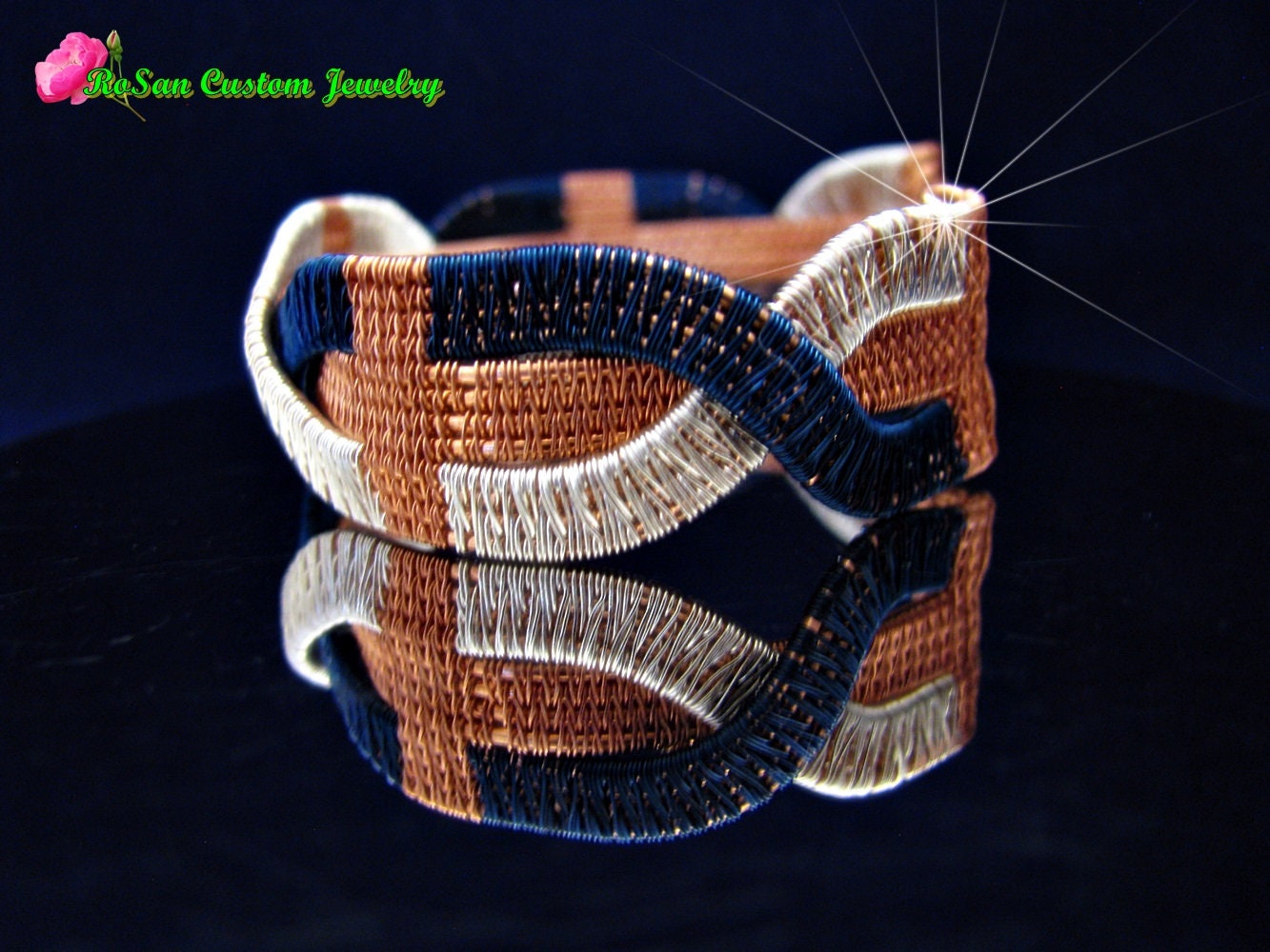 Wire Woven Copper Navy Blue Silver Geometric Bracelet,handwoven Wire ...