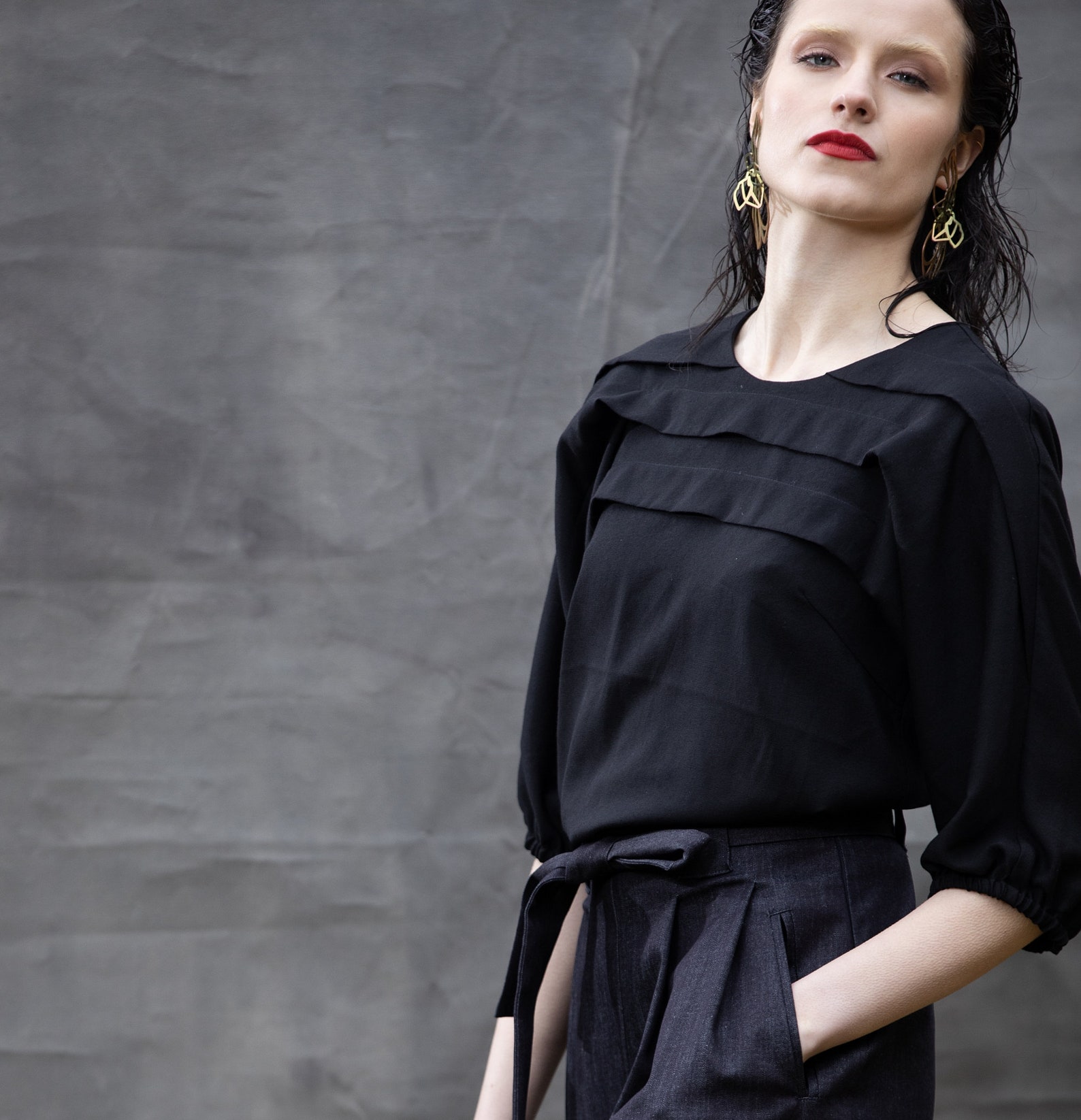 Black Folded Rayon Top, Buttons on Back, Half Sleeve - Etsy