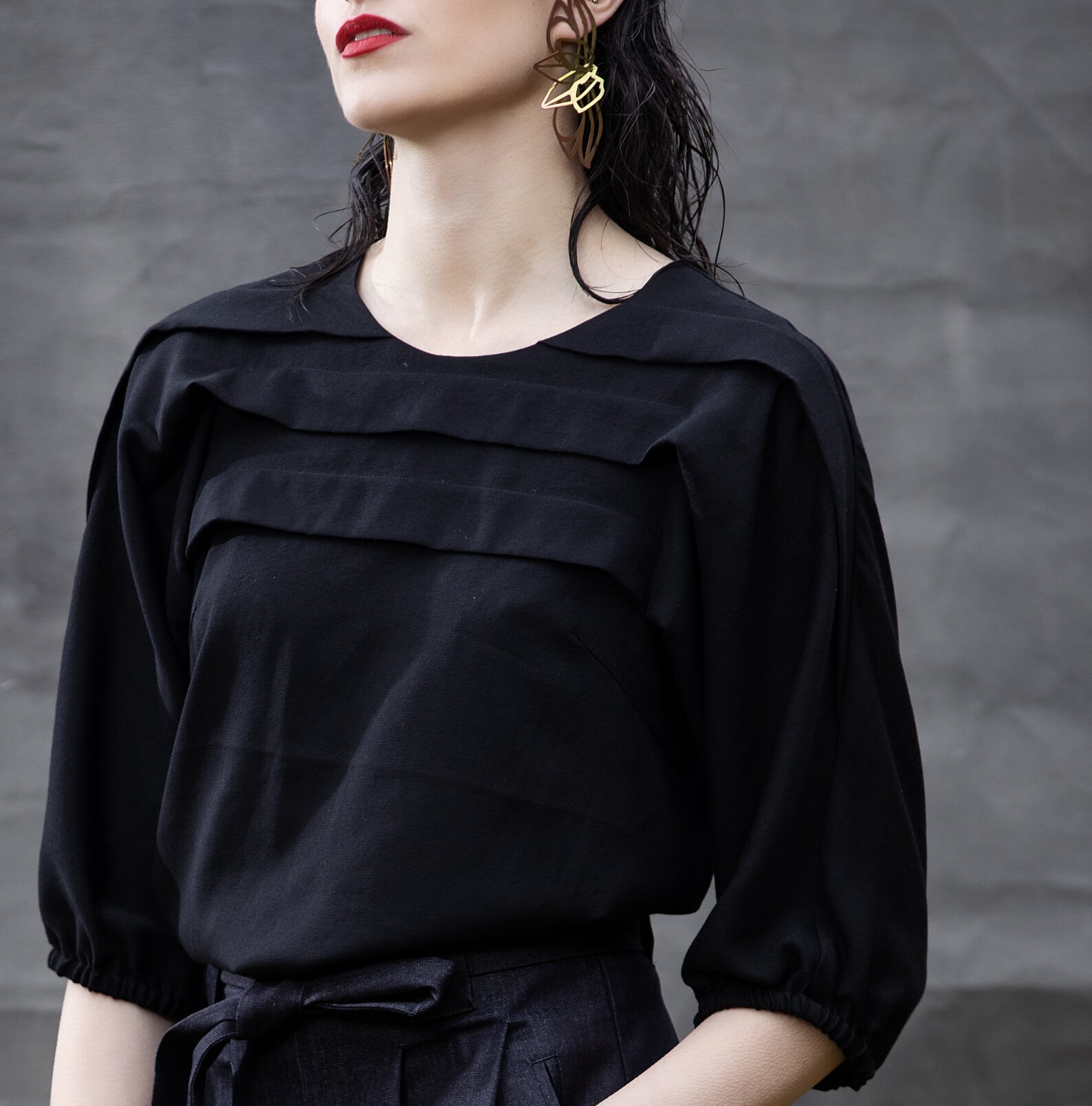 Black Folded Rayon Top, Buttons on Back, Half Sleeve - Etsy