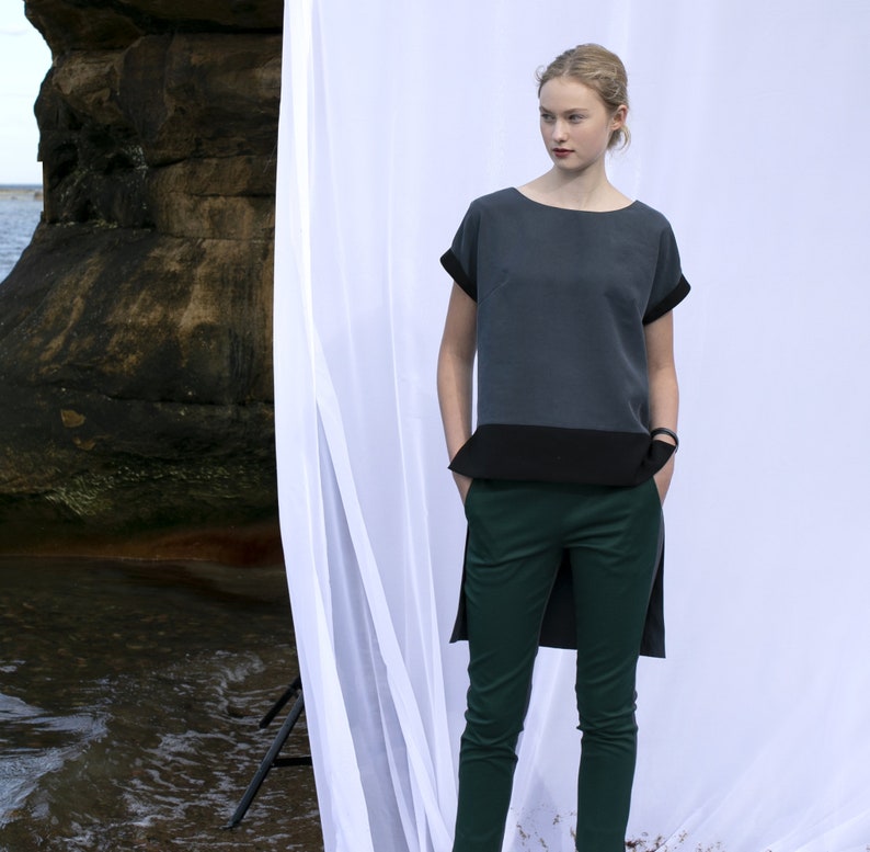 Dark Gray Rayon Top With Black Details, Longer Backside - Etsy