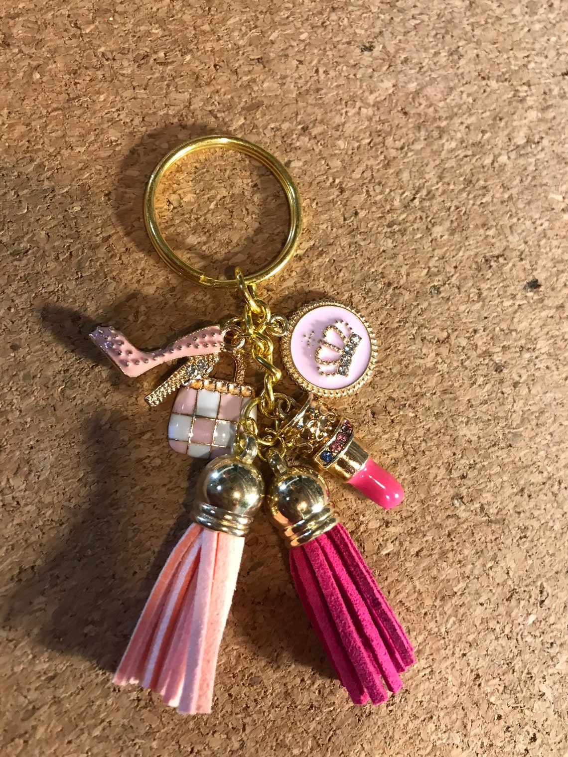 Pink Keychain includes charms & tassels and key ring 3.5 long | Etsy