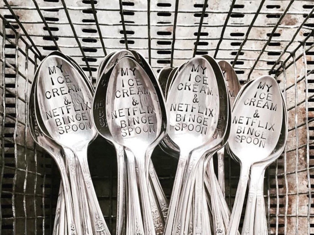 My Netflix and Ice Cream Binge Spoon, Hand Stamped Vintage Spoon ...