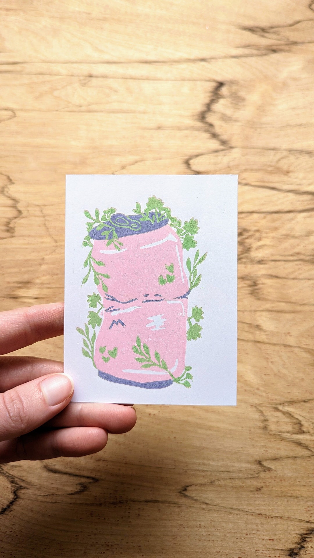 Mini Reduction Art Print on Recycled Paper, Pink Soda Can With Green ...