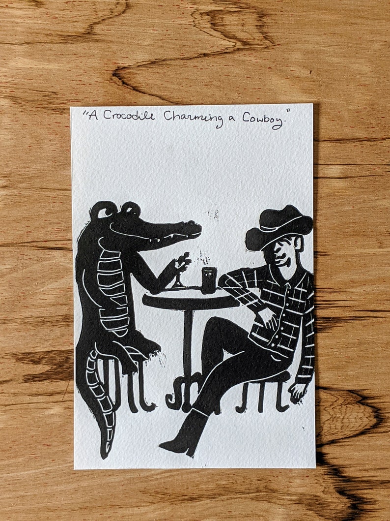 Crocodile Charming Cowboy Linocut Print: Alliteration Art (4x6) - Etsy