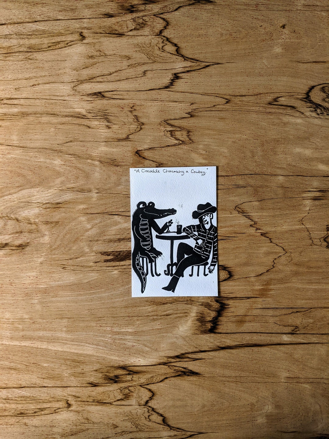 A Crocodile Charming a Cowboy Linocut Print, Alliteration Art Print, 4 ...