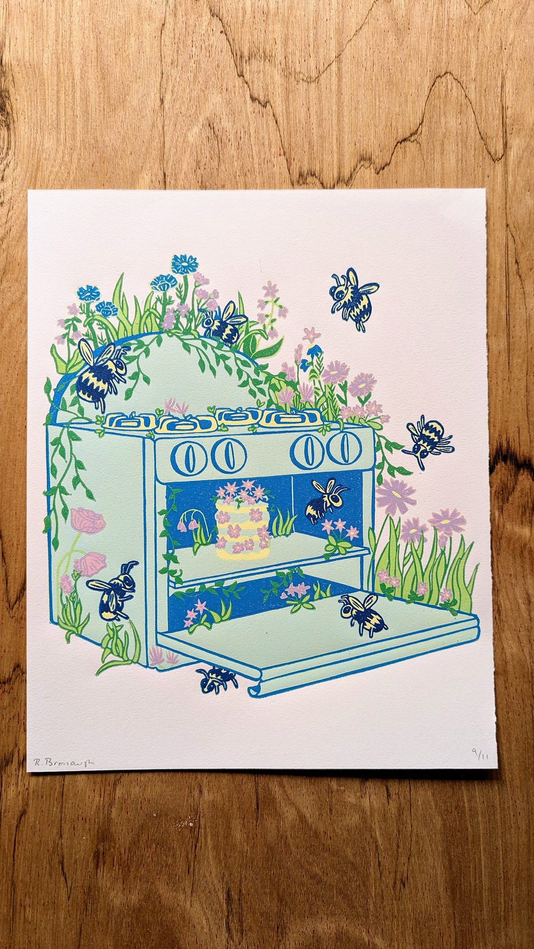 Colorful Stove With Floral, Bees and a Cake, Reduction Linocut Print ...