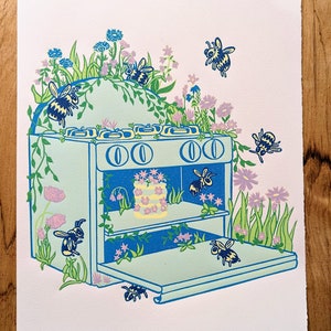 Colorful Stove With Floral, Bees and a Cake, Reduction Linocut Print ...