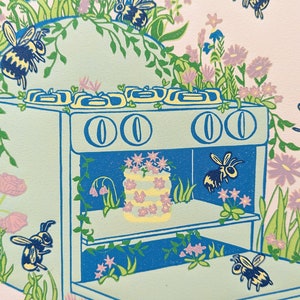 Colorful Stove With Floral, Bees and a Cake, Reduction Linocut Print ...