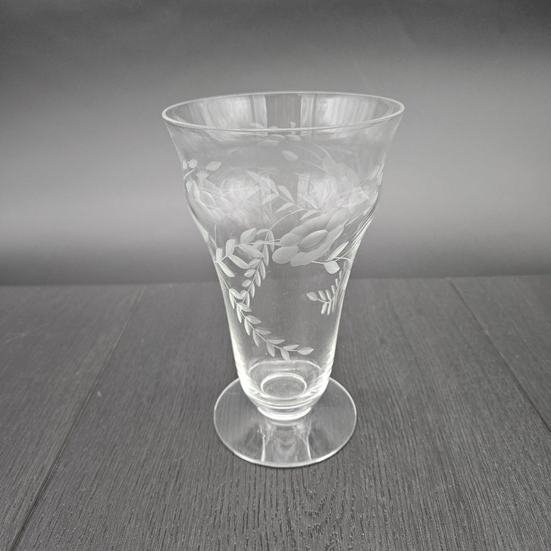 Vintage Etched Footed Iced Tea Glass - Floral and Leaves Design - 4 ...