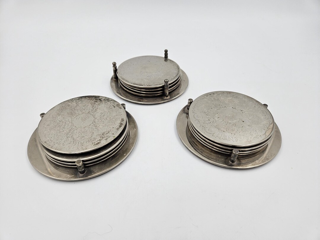 Set of 4 Silverplate Coasters With Holder - 1 Set Available - Etsy