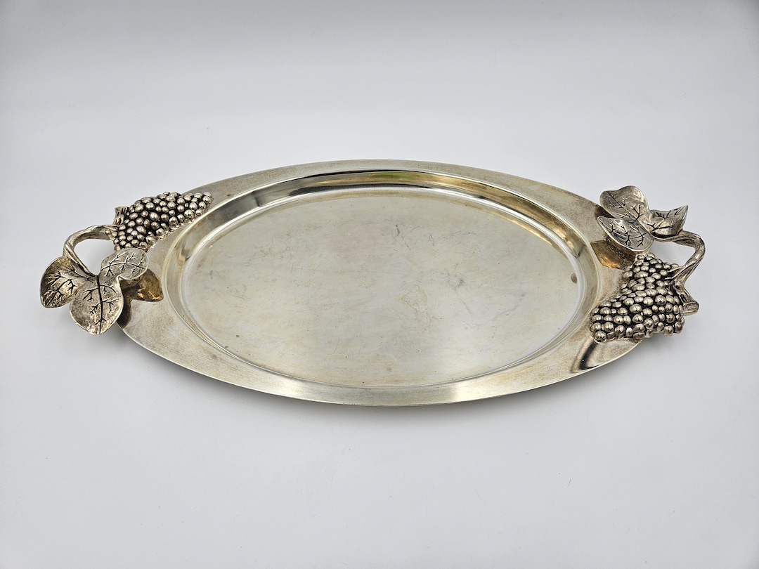 1980s Godinger Silver Plated Large Serving Tray With Grape & Grape Leaf ...