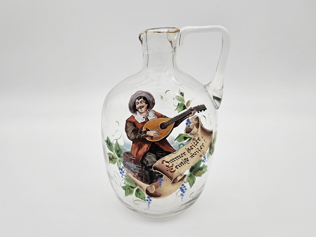 German Wine Pitcher Nineteenth Century Clear Glass With Enameled ...