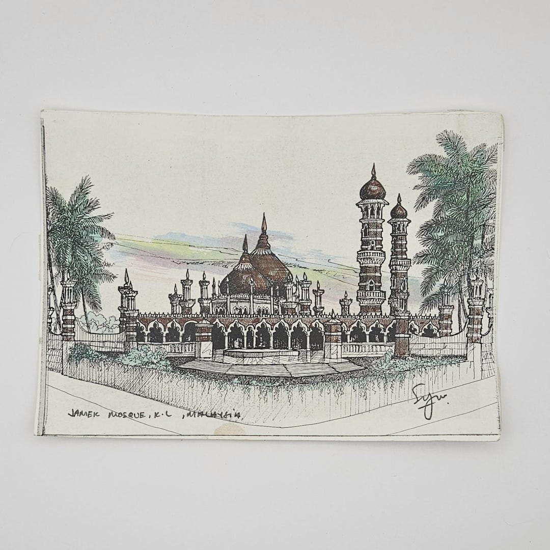 Jamek Mosque Watercolor and Ink Drawing, Kuala Lumpur, Signed Unframed ...