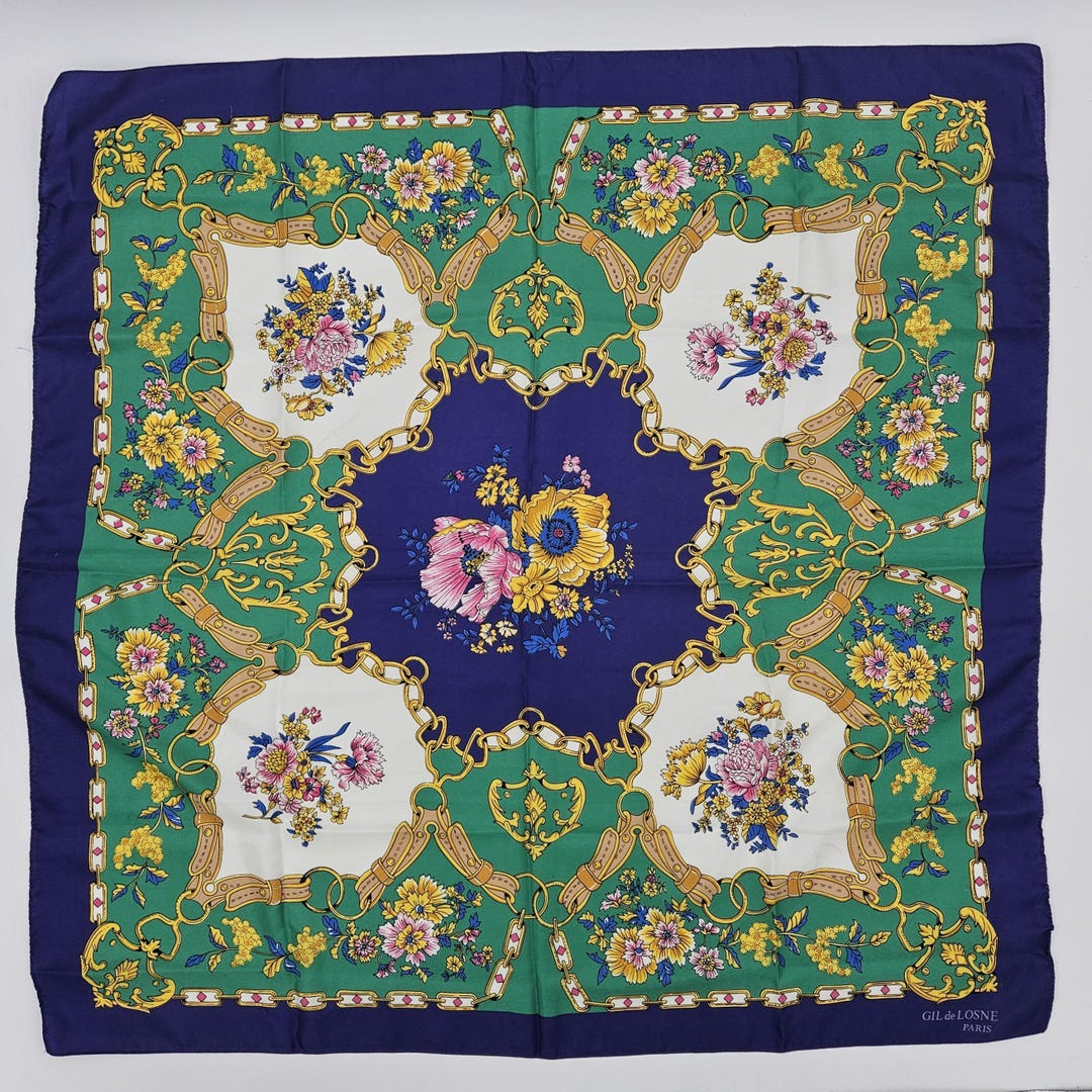 Gil De Losne Square Scarf - Flowers and Equine Accoutrement - 30 Inches ...