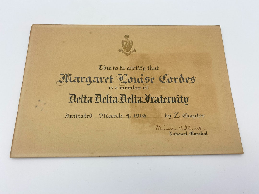 Tri Delta Initiation Certificate From 1916 Zeta Chapter University of ...