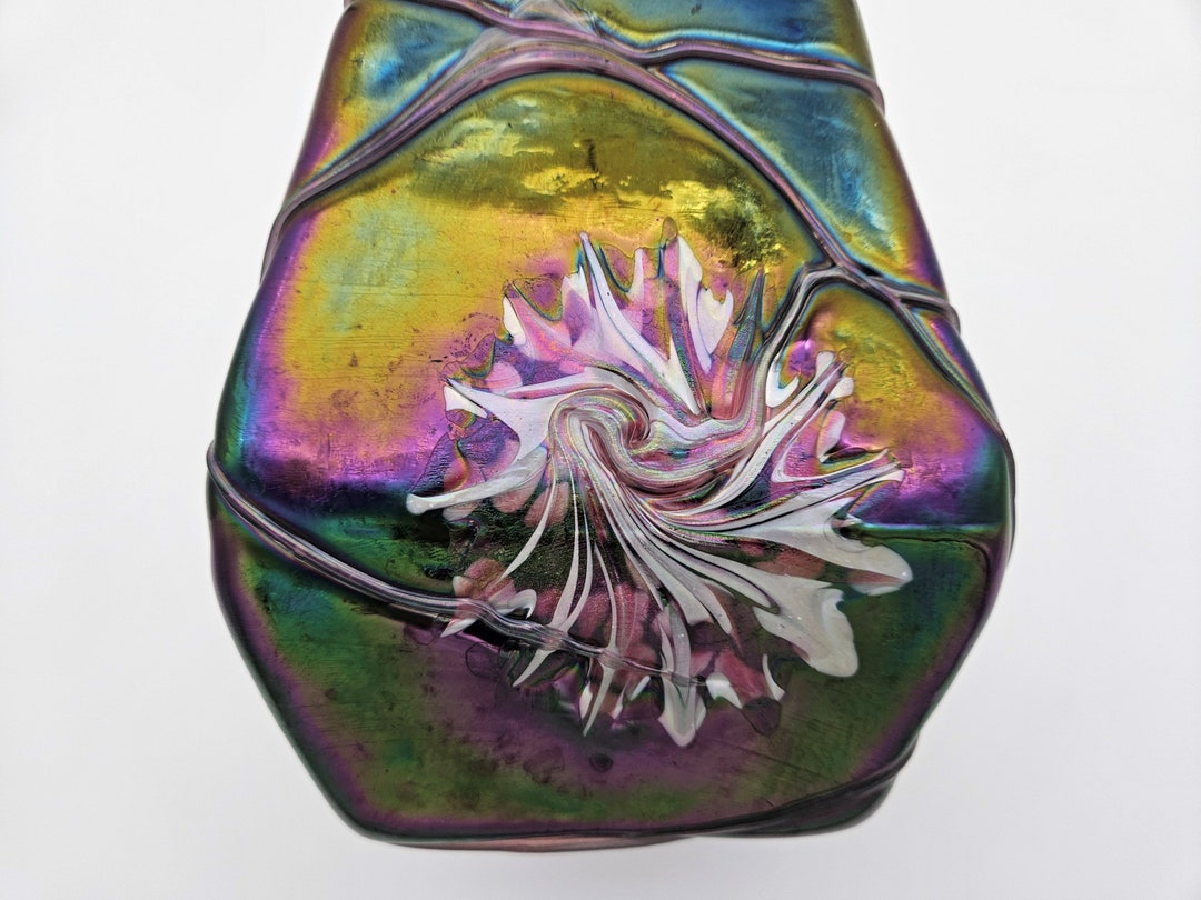Loetz Style Iridized Glass Vase Square Shape With Threading and Flowers ...