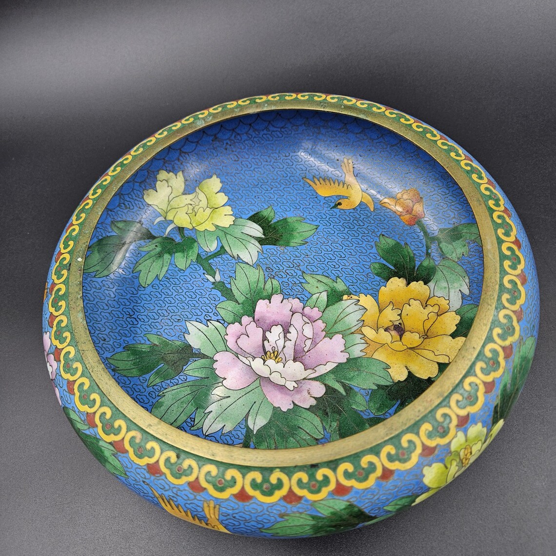 Chinese Cloisonne Enamel and Brass Jingfa Bowl Decorated With Peonies ...