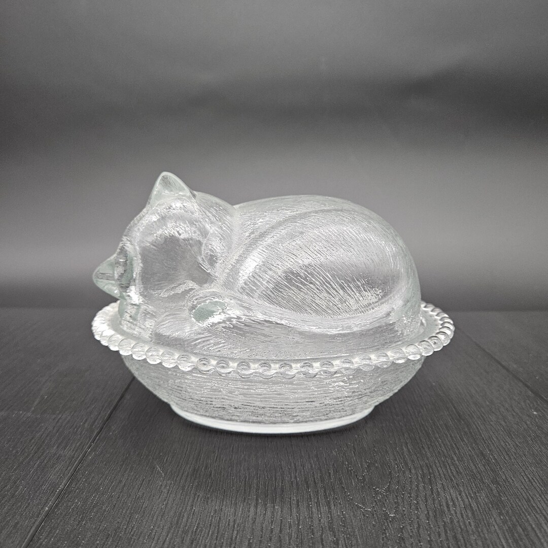 Vintage Indiana Glass Sleeping Cat on Basket Covered Dish - Etsy