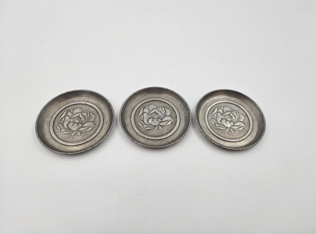 Set of 3 Pewter Coasters Decorated With a Peony - 3 1/4 Inch - Etsy