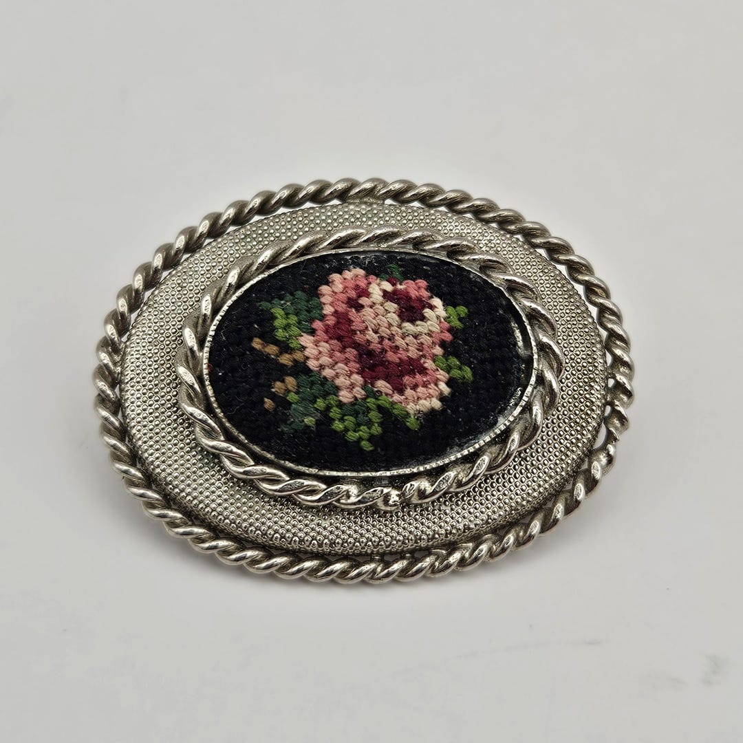Petit Point Rose Brooch – Oval Floral Pin – Pink Rose on Black ...